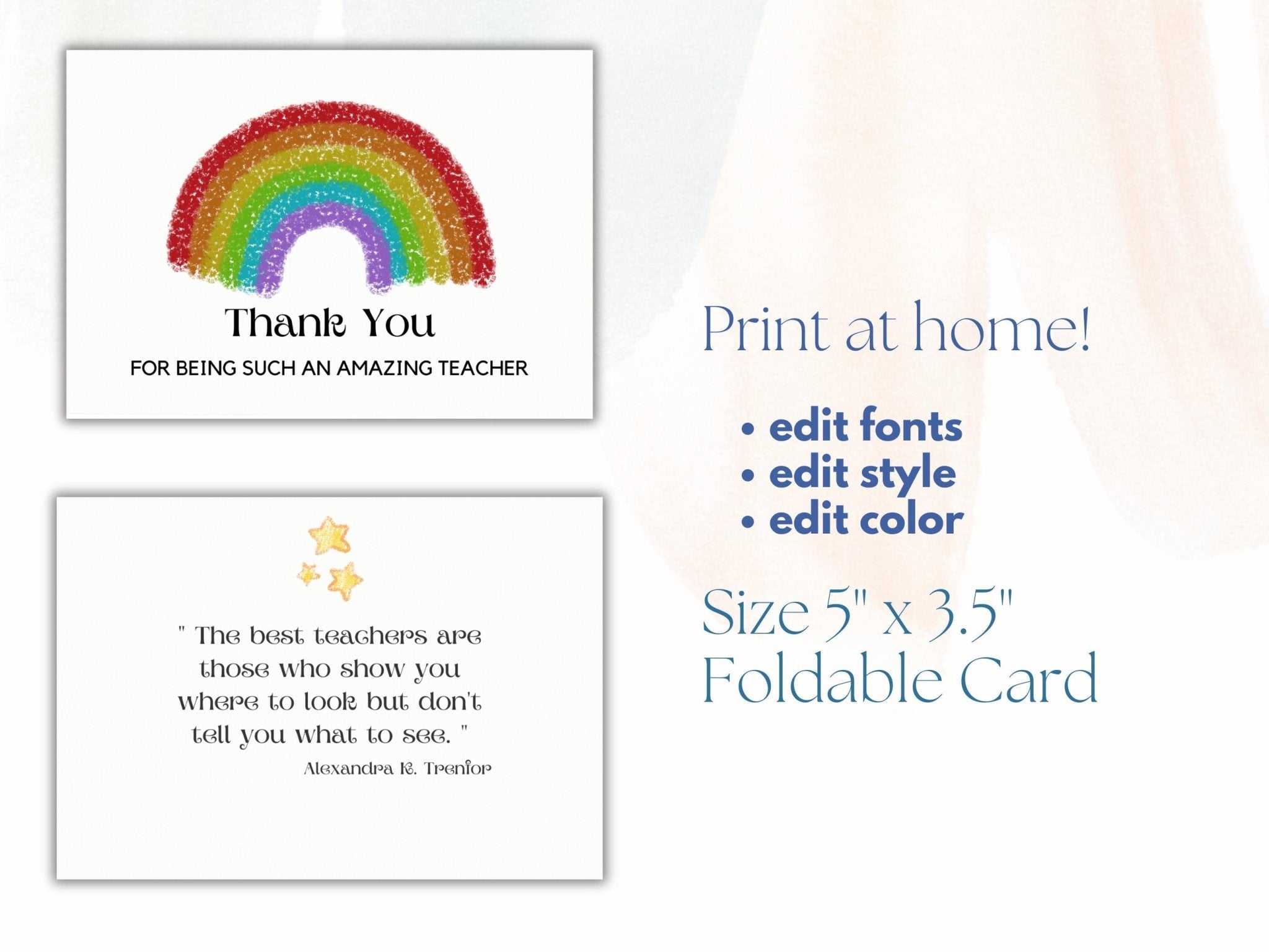Teacher Appreciation Thank You Card Template, Rainbow Thank You Card f ...