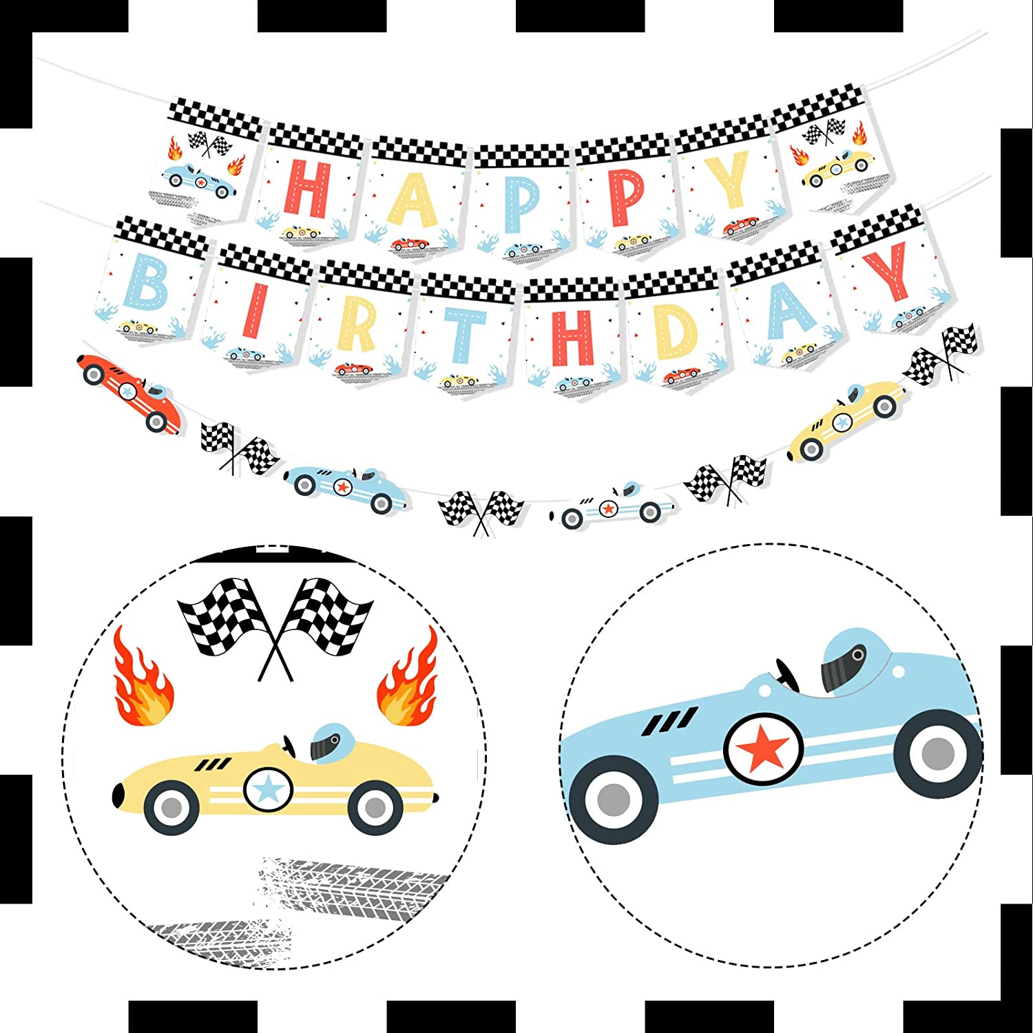 Vintage Race Car Birthday Decorations, Happy Birthday Banner ...