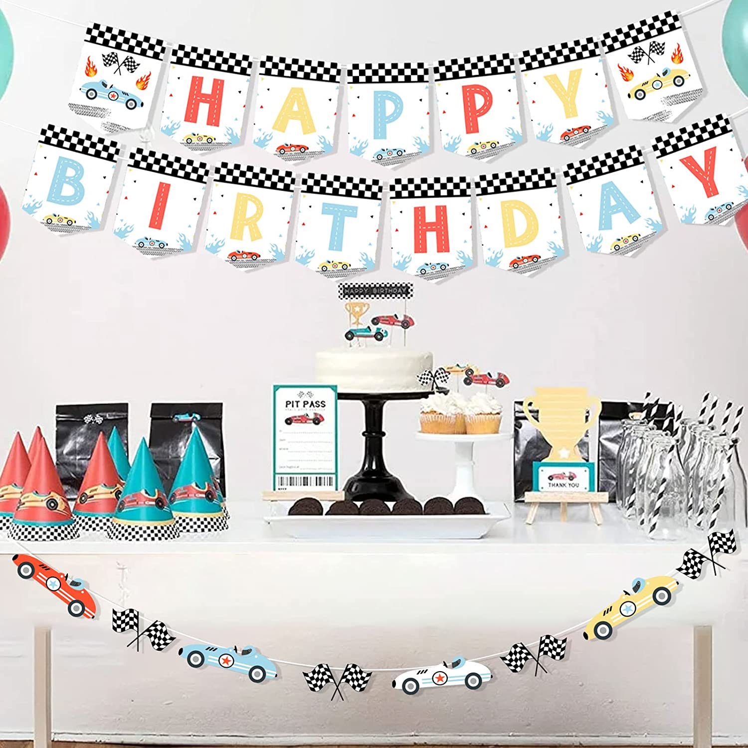 Vintage Race Car Birthday Decorations, Happy Birthday Banner ...